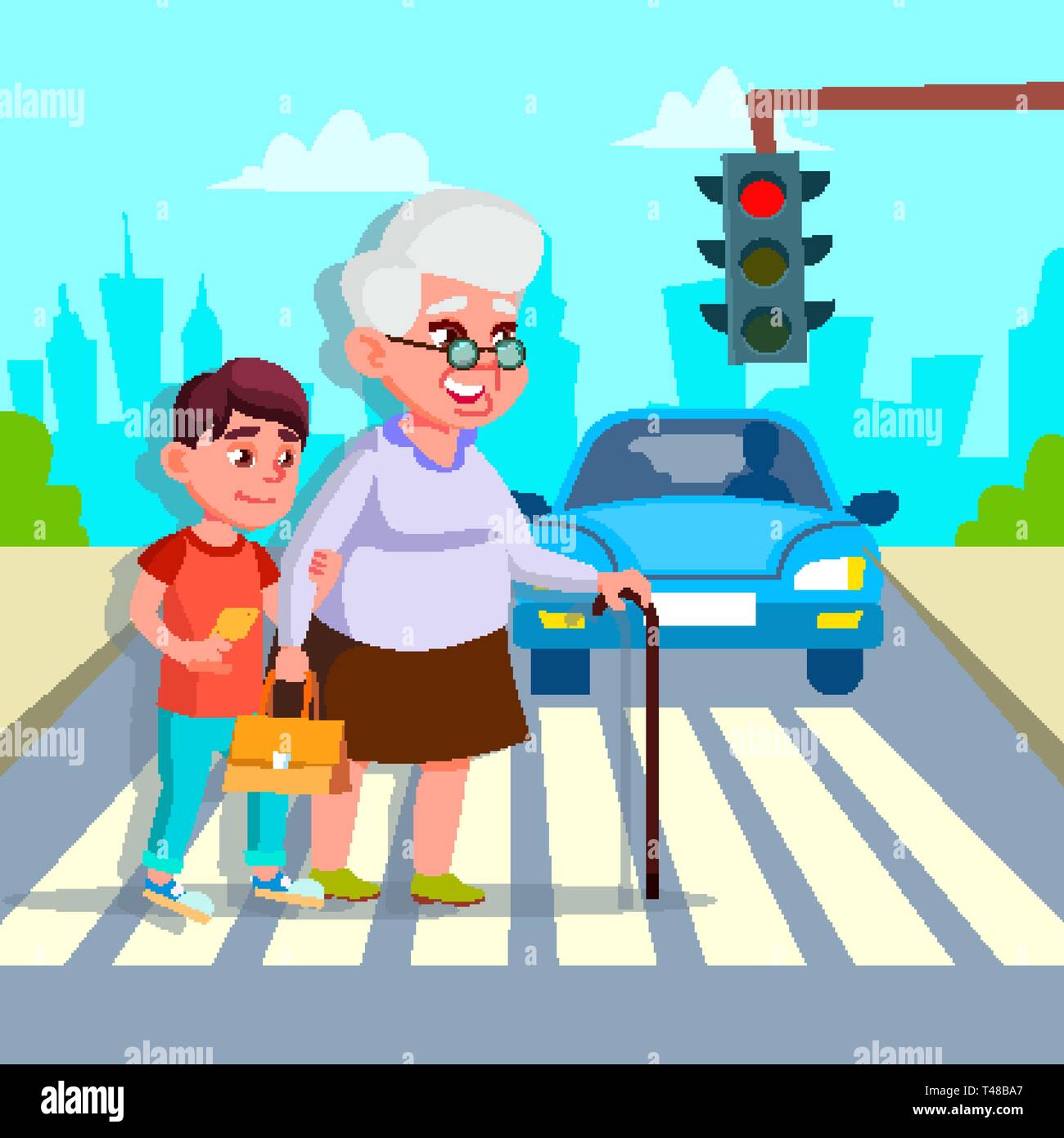 Boy Helping Senior Woman Crossing Street Vector Drawing Stock Vector ...