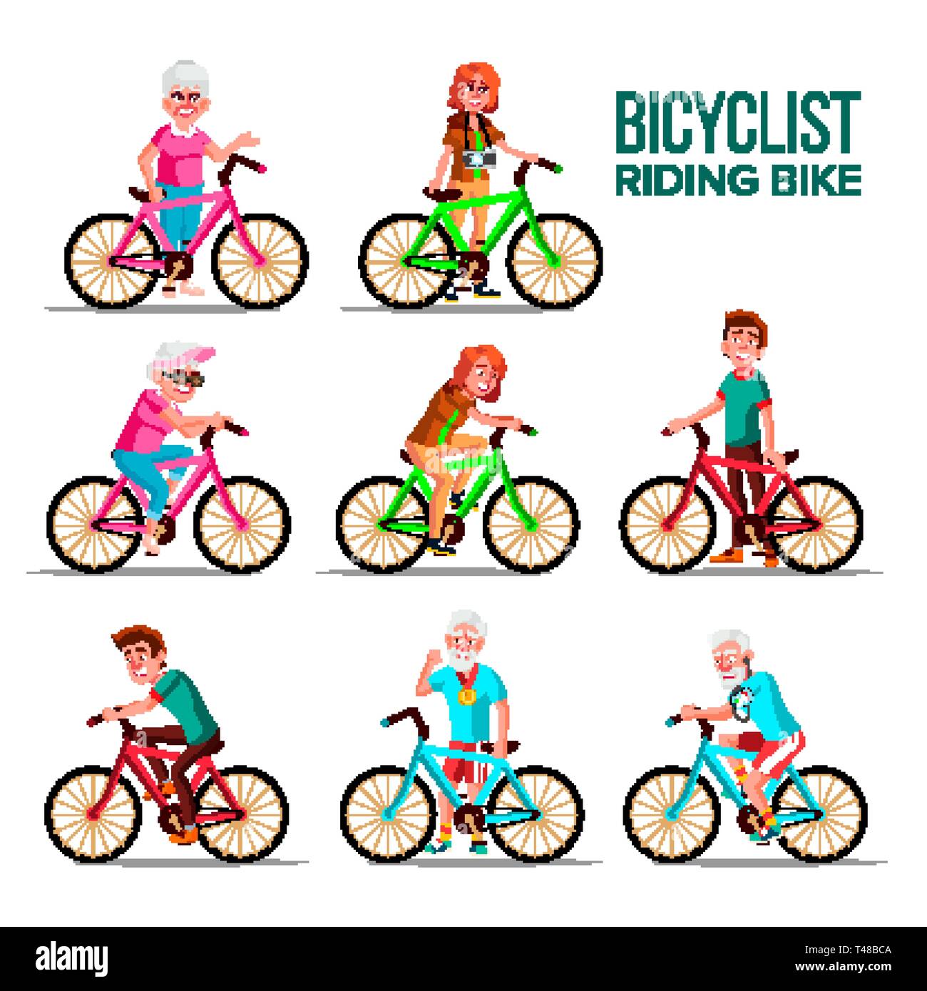 Cyclists Riding Bicycles Vector Cartoon Characters Set Stock Vector ...