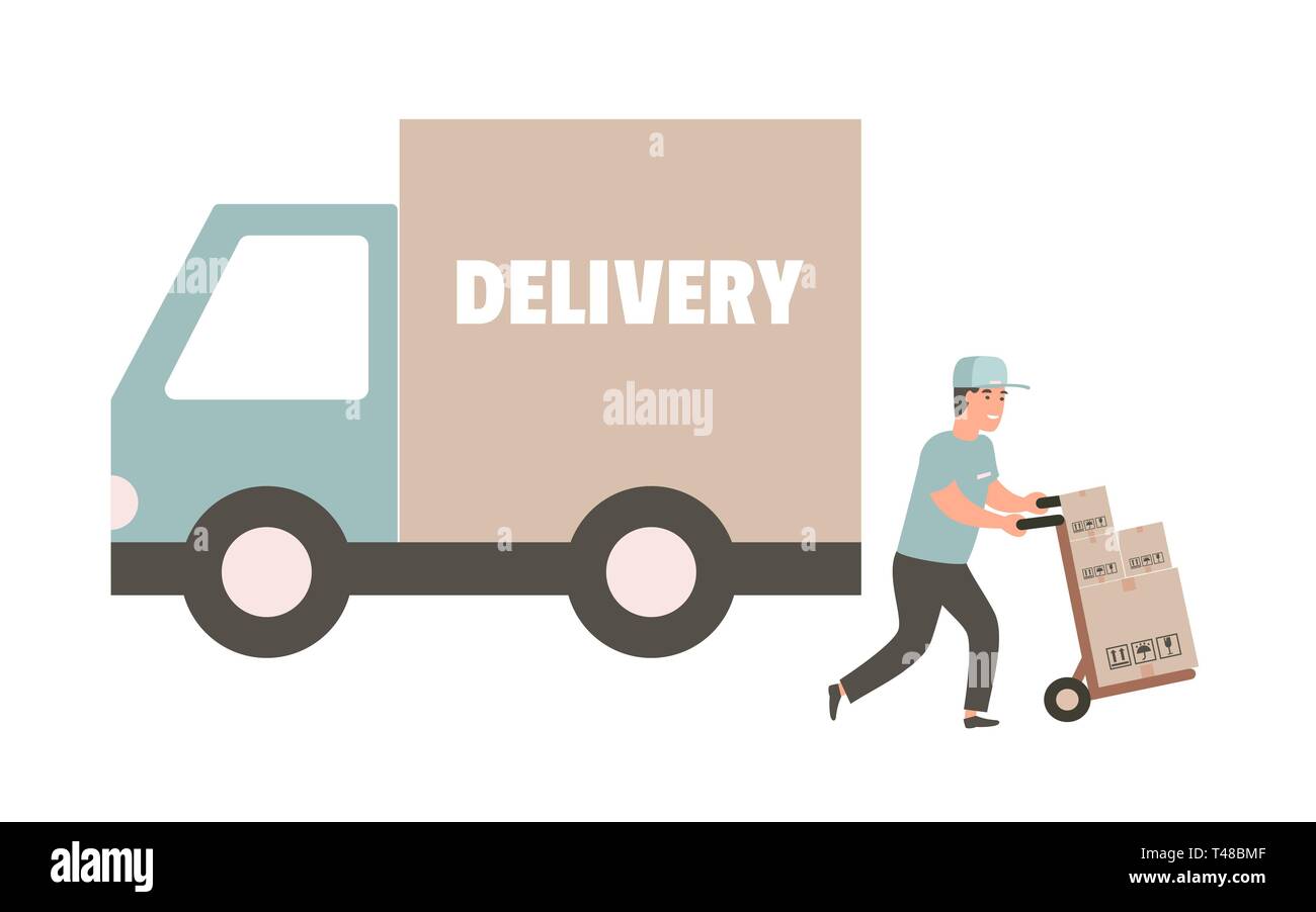 Courier with cardboard box. Vector delivery truck Stock Vector Image ...