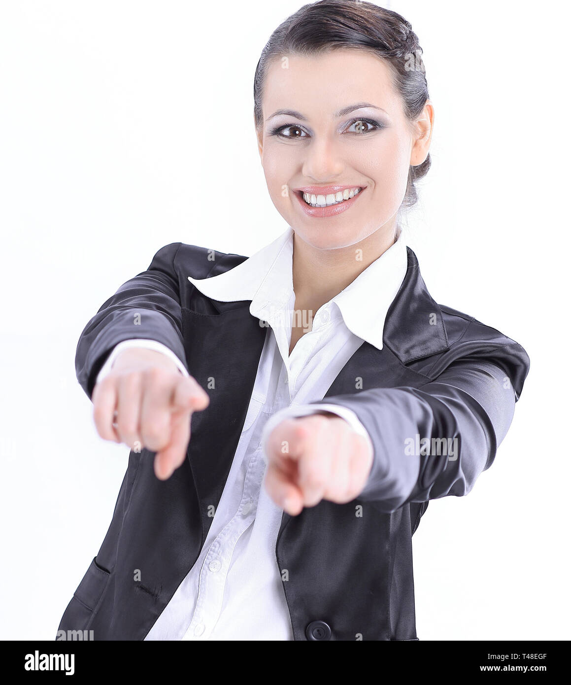 confident business woman showing hands forward.isolated on a white ...