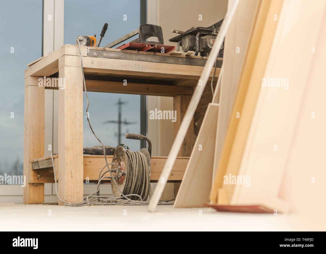 Wood Workshop Table with Power Tools on the Top. Remodeling Job Stock ...