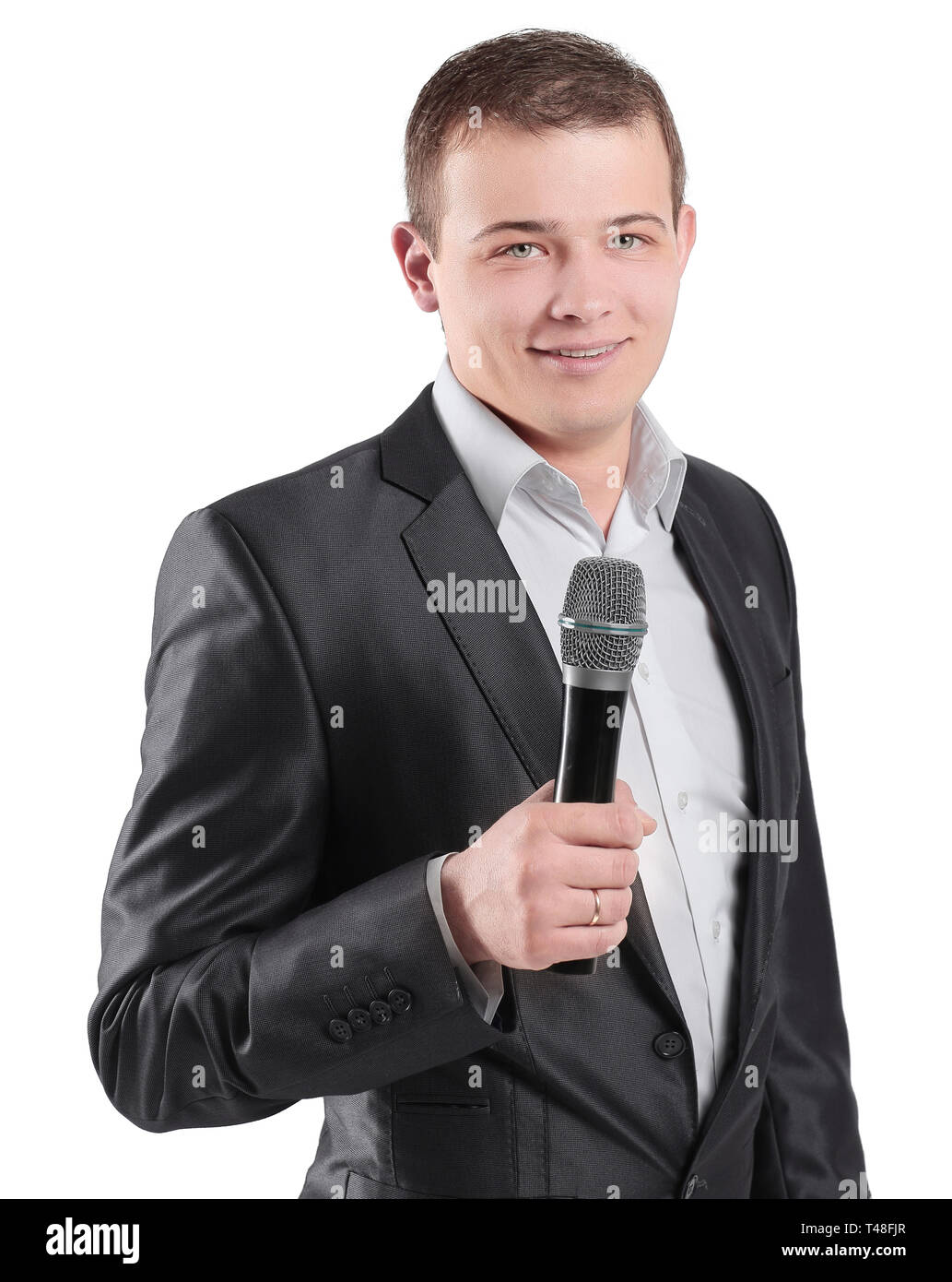 young speaker with a microphone.isolated on white background Stock ...