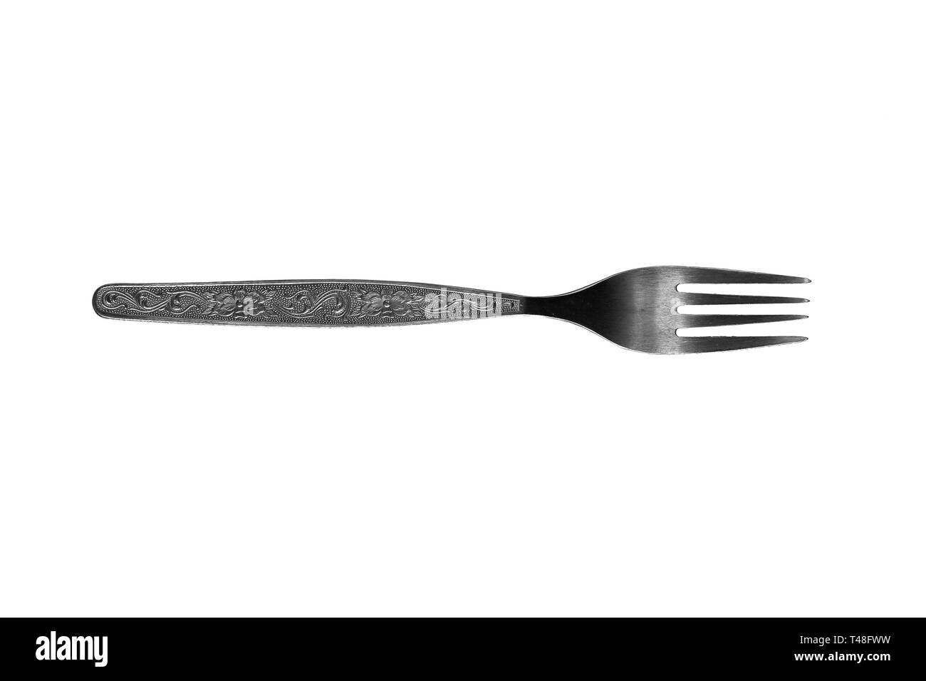 Metallic fork of silvery color on a white background. Isolate Stock ...