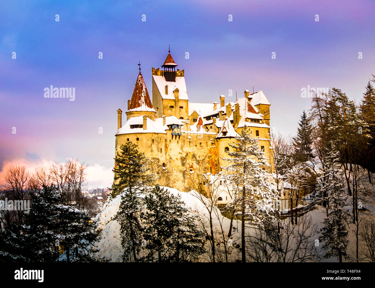 Sunset light over medieval dracula Bran castle in Brasov, Transylvania ...