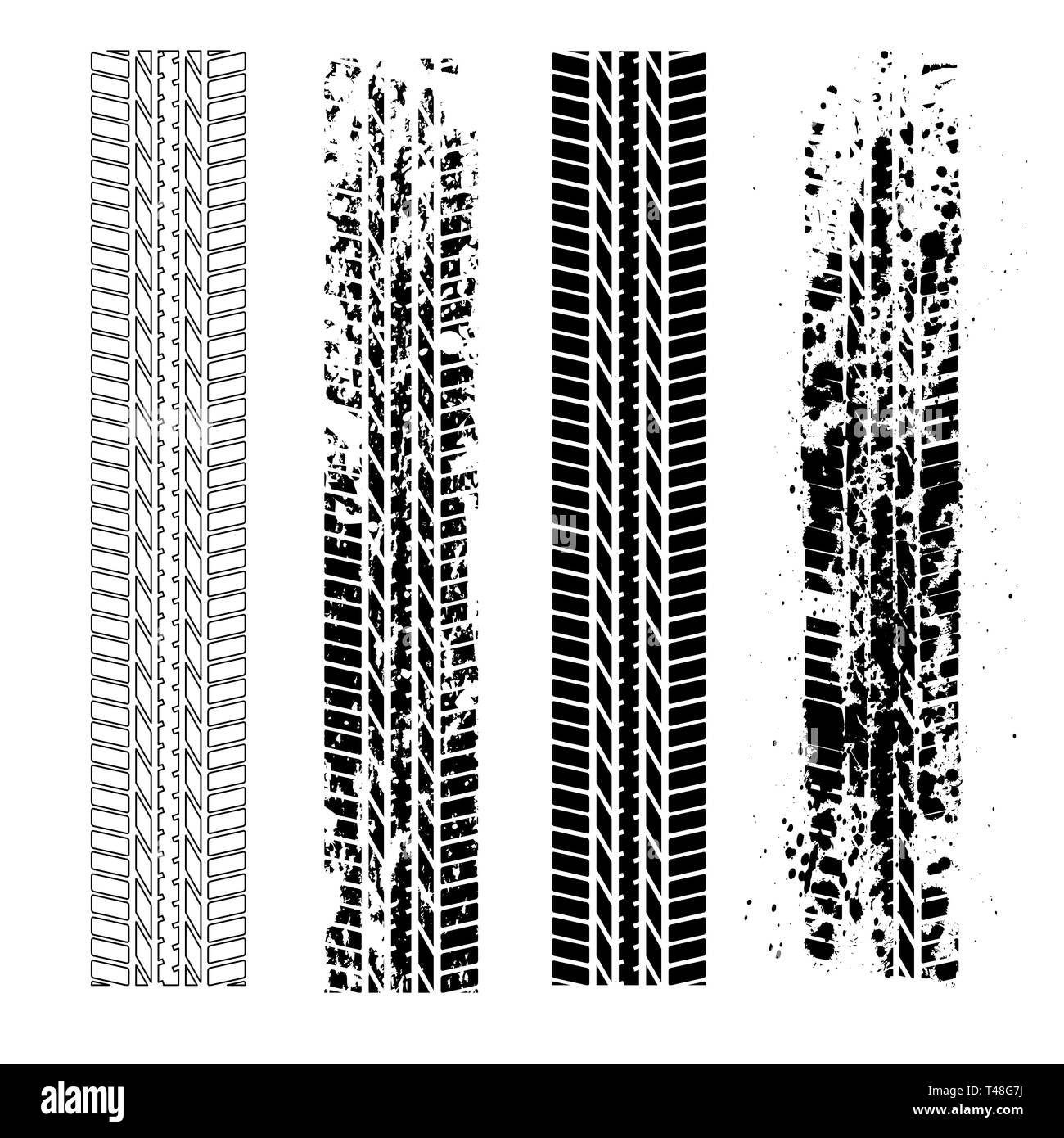 Set of four different grunge tire tracks isolated on white background ...