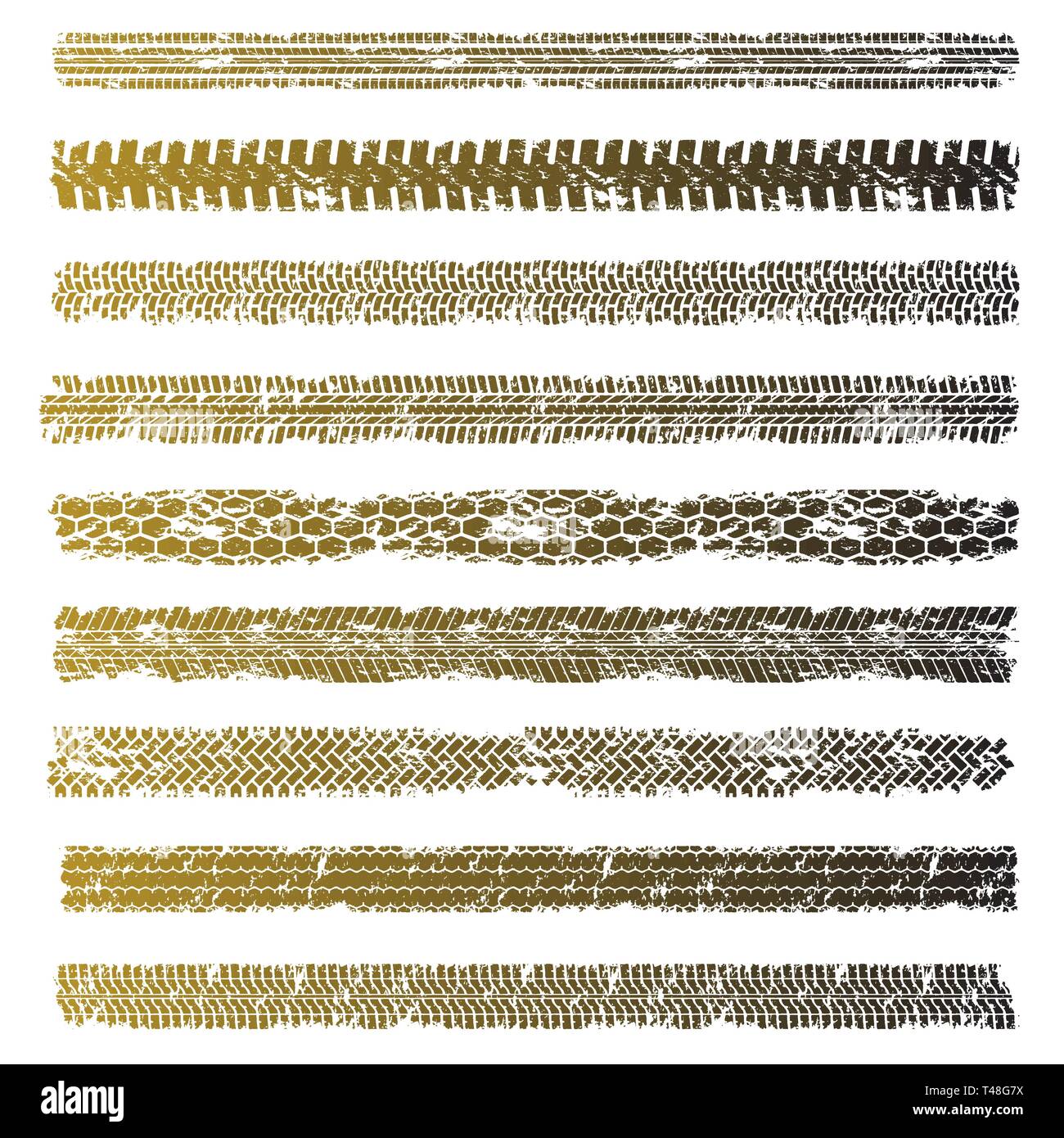Set of different horizontal grunge tire tracks isolated on white ...
