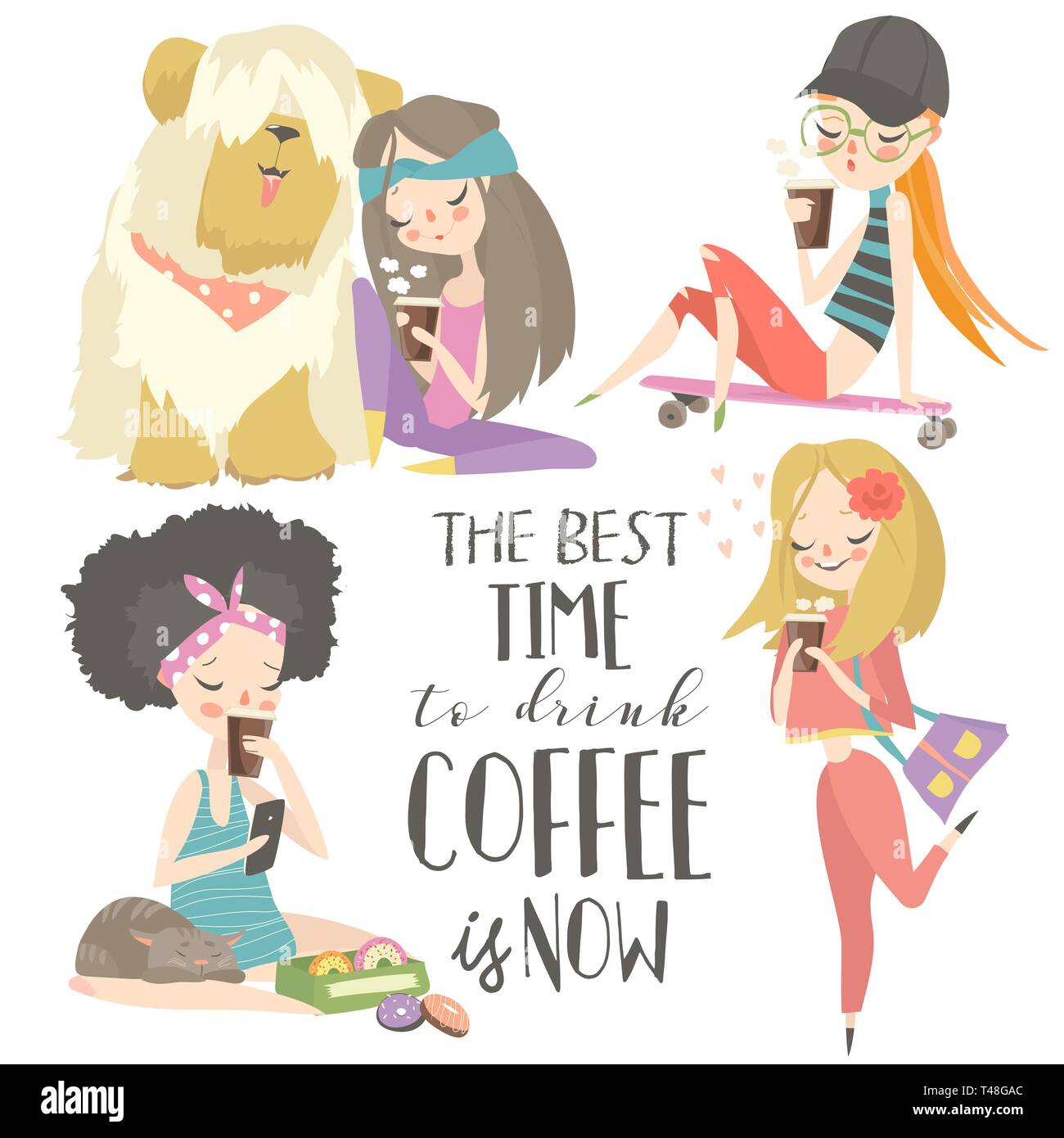 Cute young girls drinking coffee. Vector set Stock Vector Image & Art ...