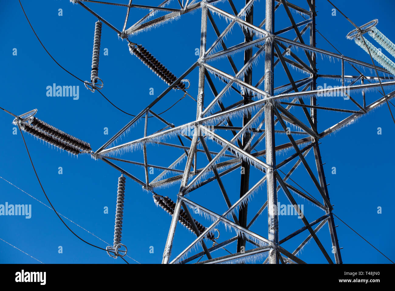 freezing rain on electric pole and wire, Montreal, 9 April, 2019 Stock ...
