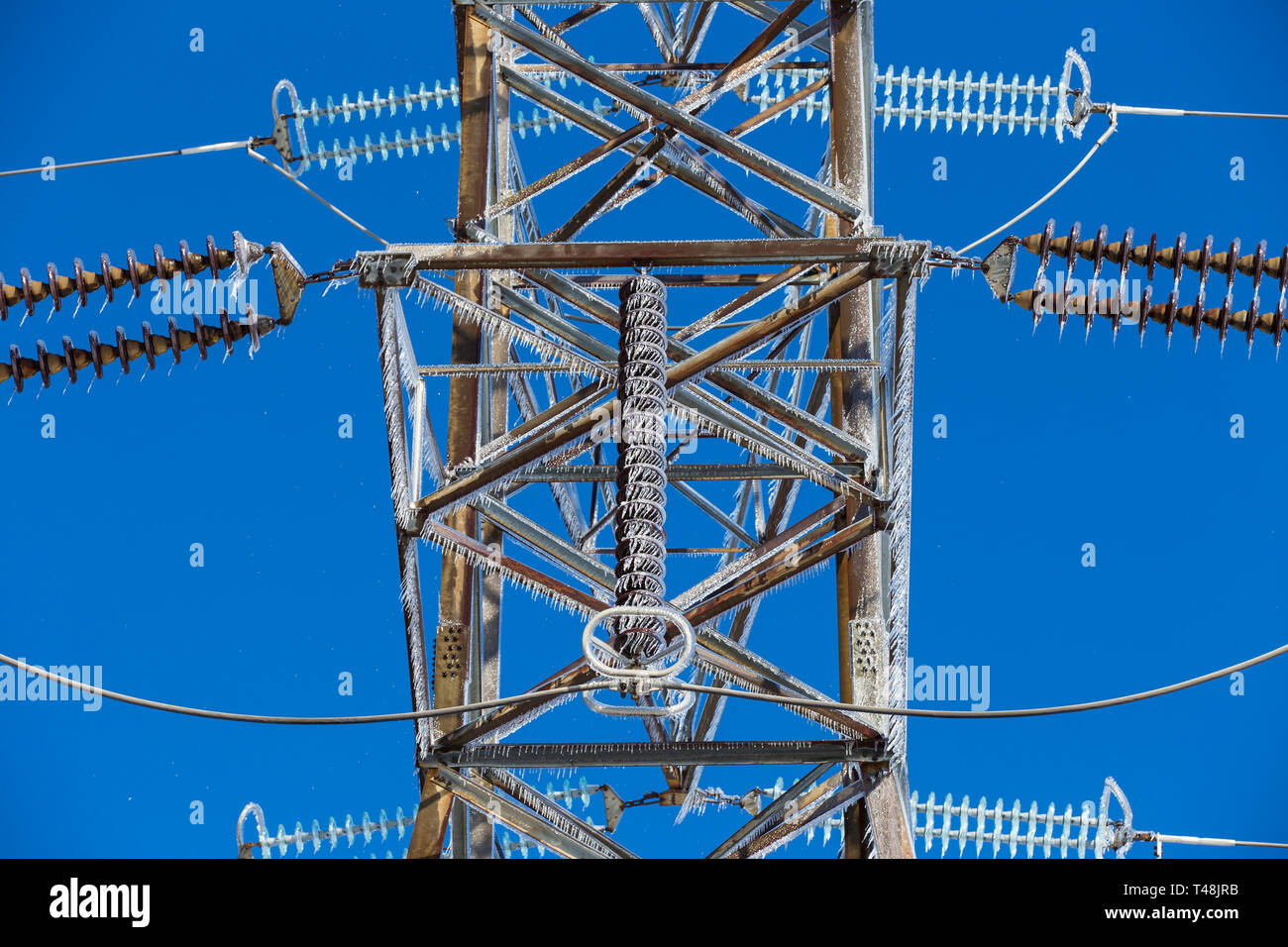 freezing rain on electric pole and wire, Montreal, 9 April, 2019 Stock ...