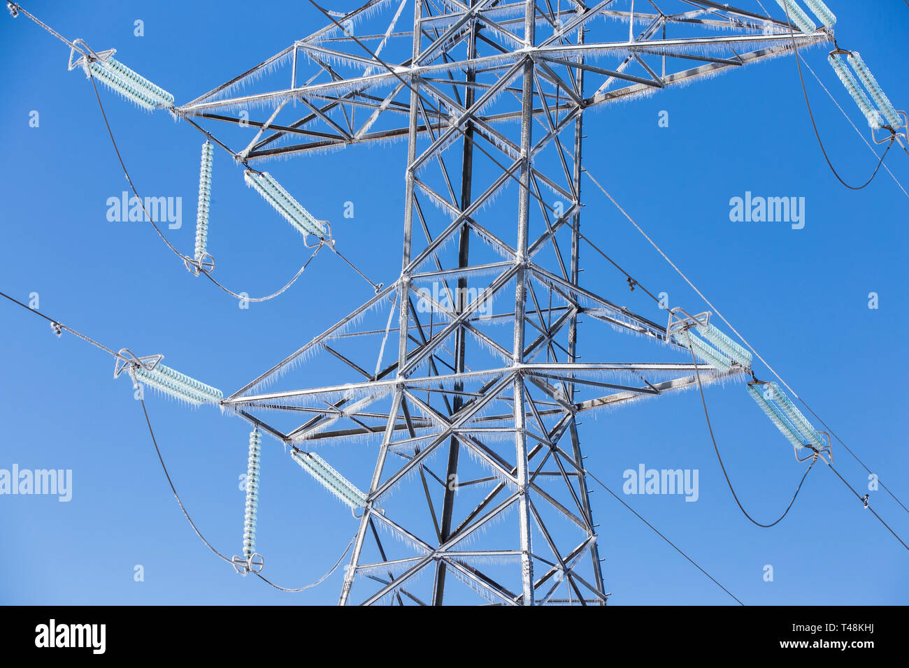 freezing rain on electric pole and wire, Montreal, 9 April, 2019 Stock ...