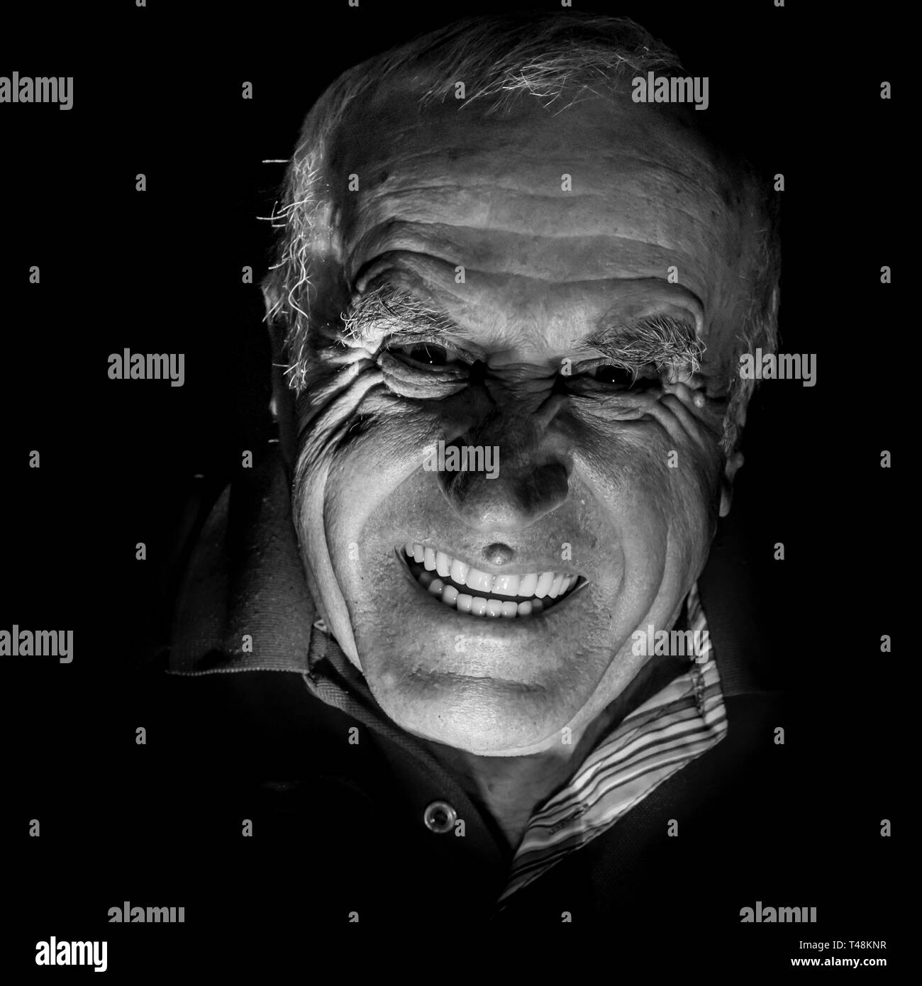 Portrait of old caucasian man who scares watcher. Fear and scare ...