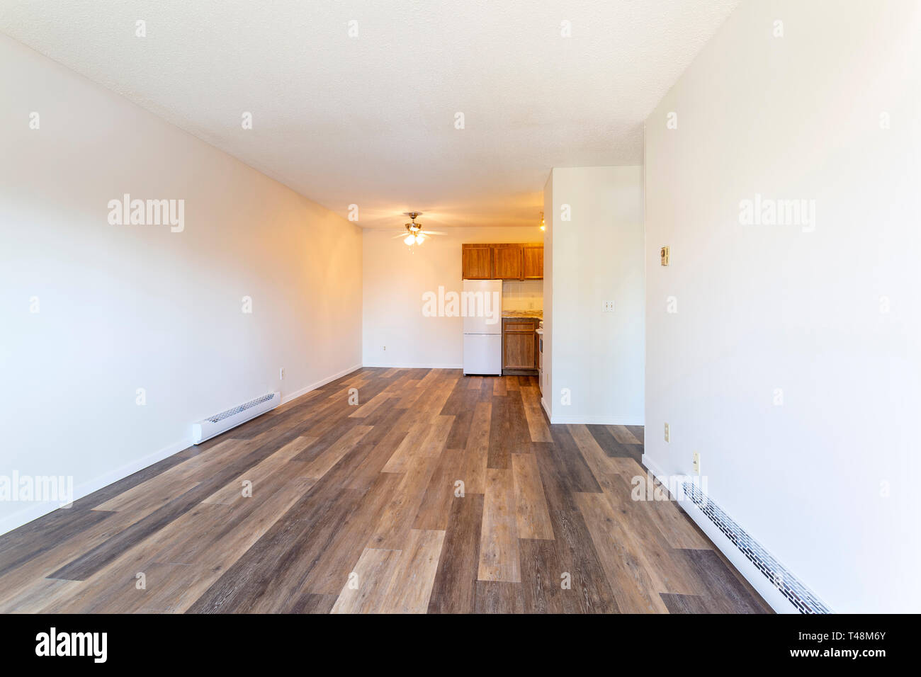 An empty vacant rental apartment property with new hardwood laminate ...