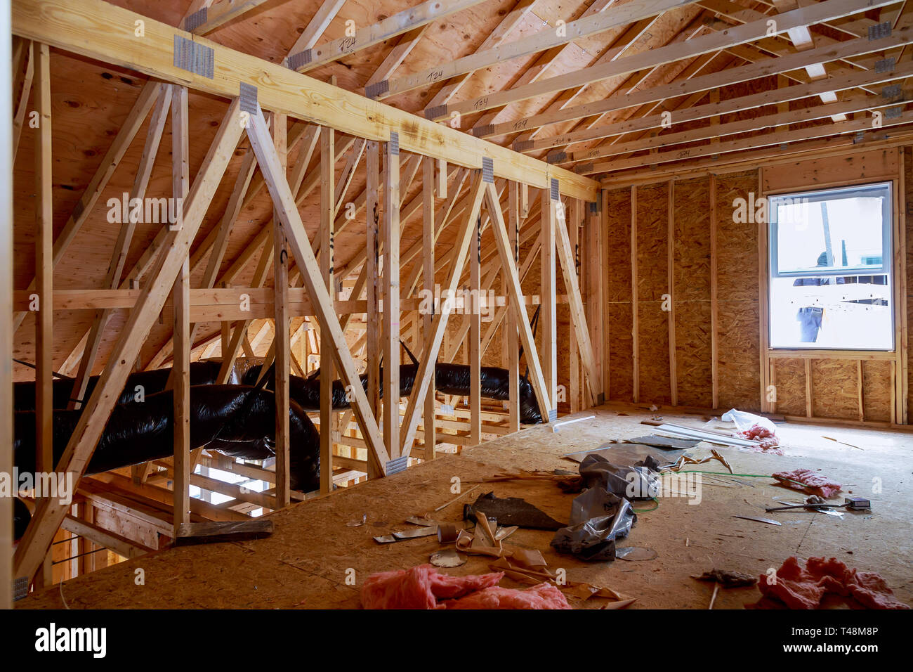 Residential construction home framing view on new house wooden under ...