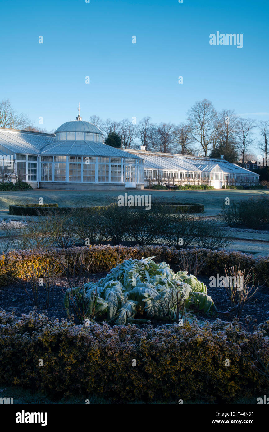 The conservatory surrounded by frost covered plants in the Italian ...