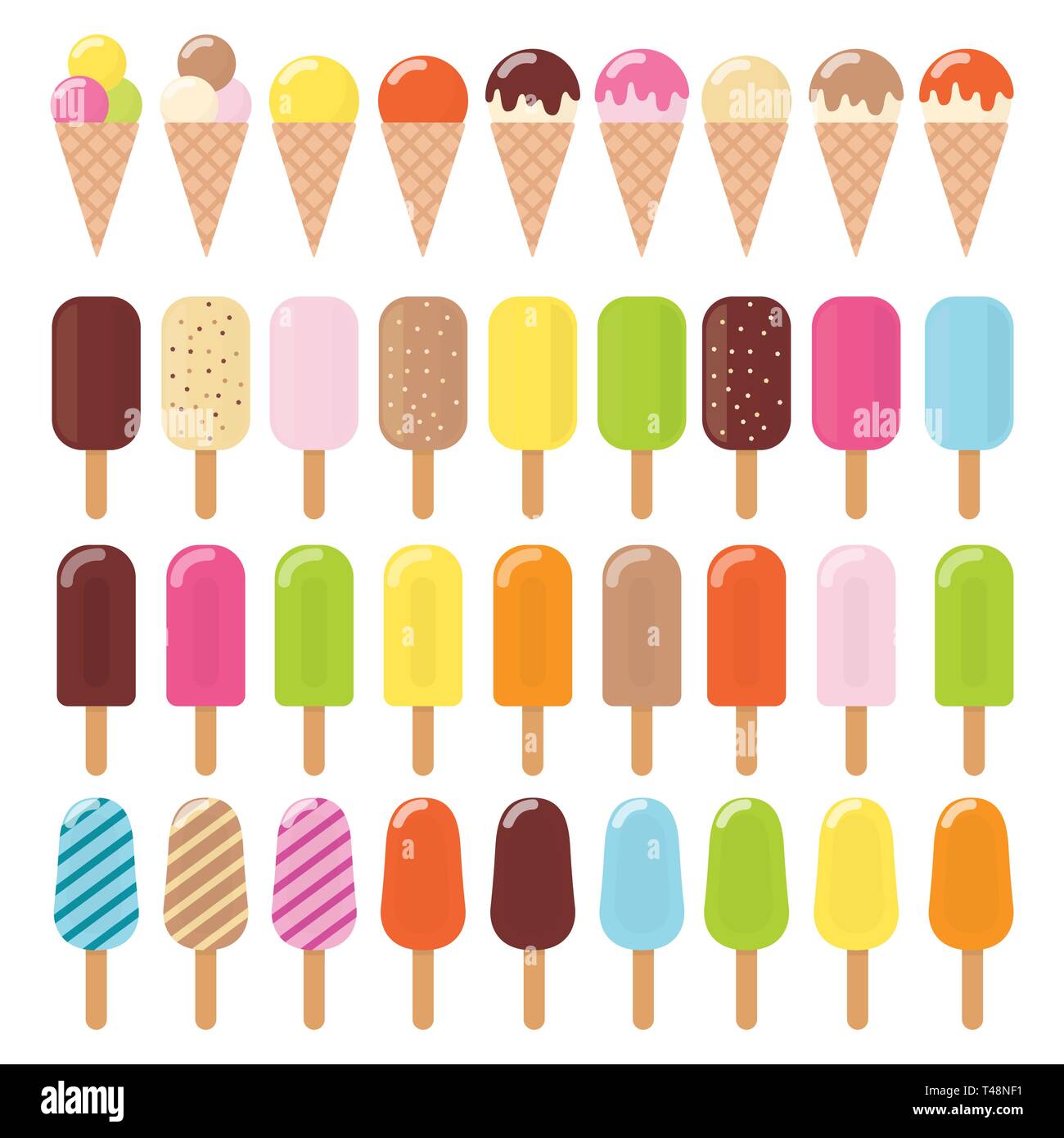 Collection ice cream cones and Popsicle with different topping ...