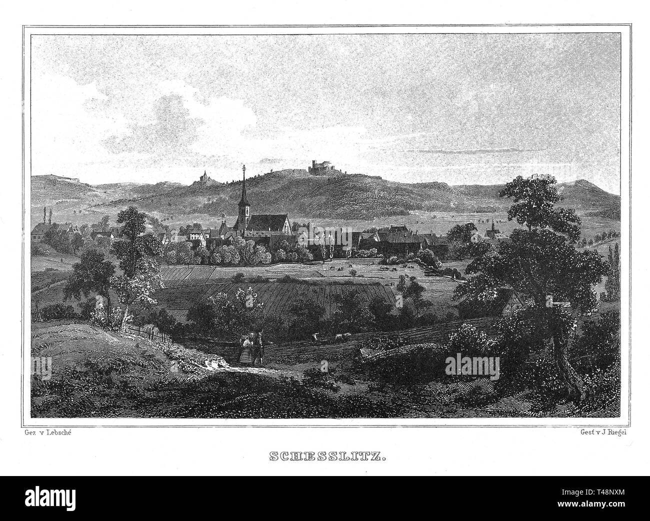 Schesslitz, drawing of Lebschee, engraving by Riegel, steel engraving ...