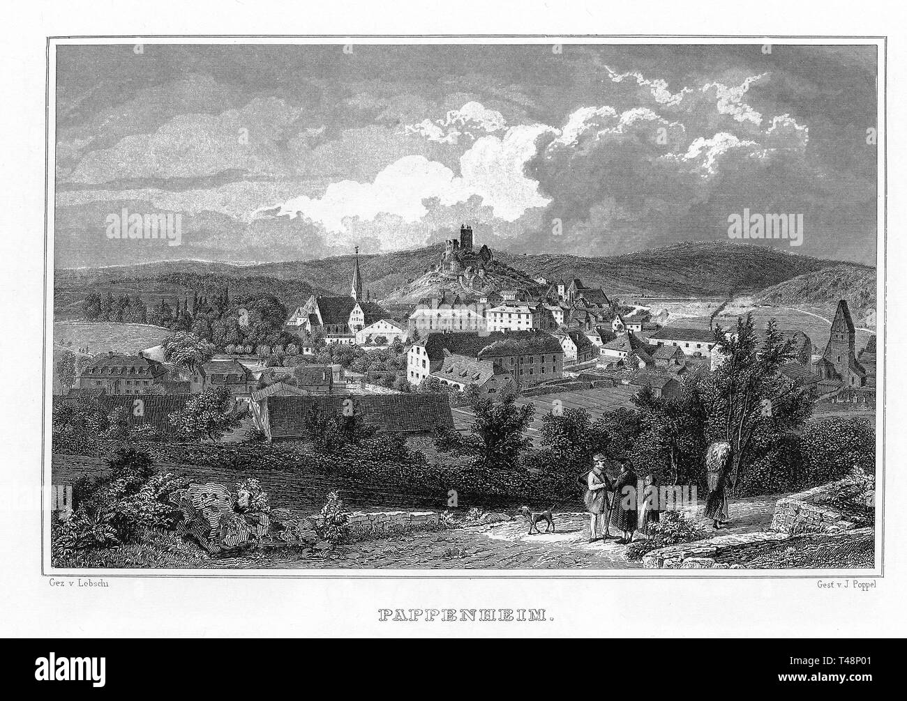 View of Pappenheim, drawing of Lebschee, steel engraving by J. Poppel ...