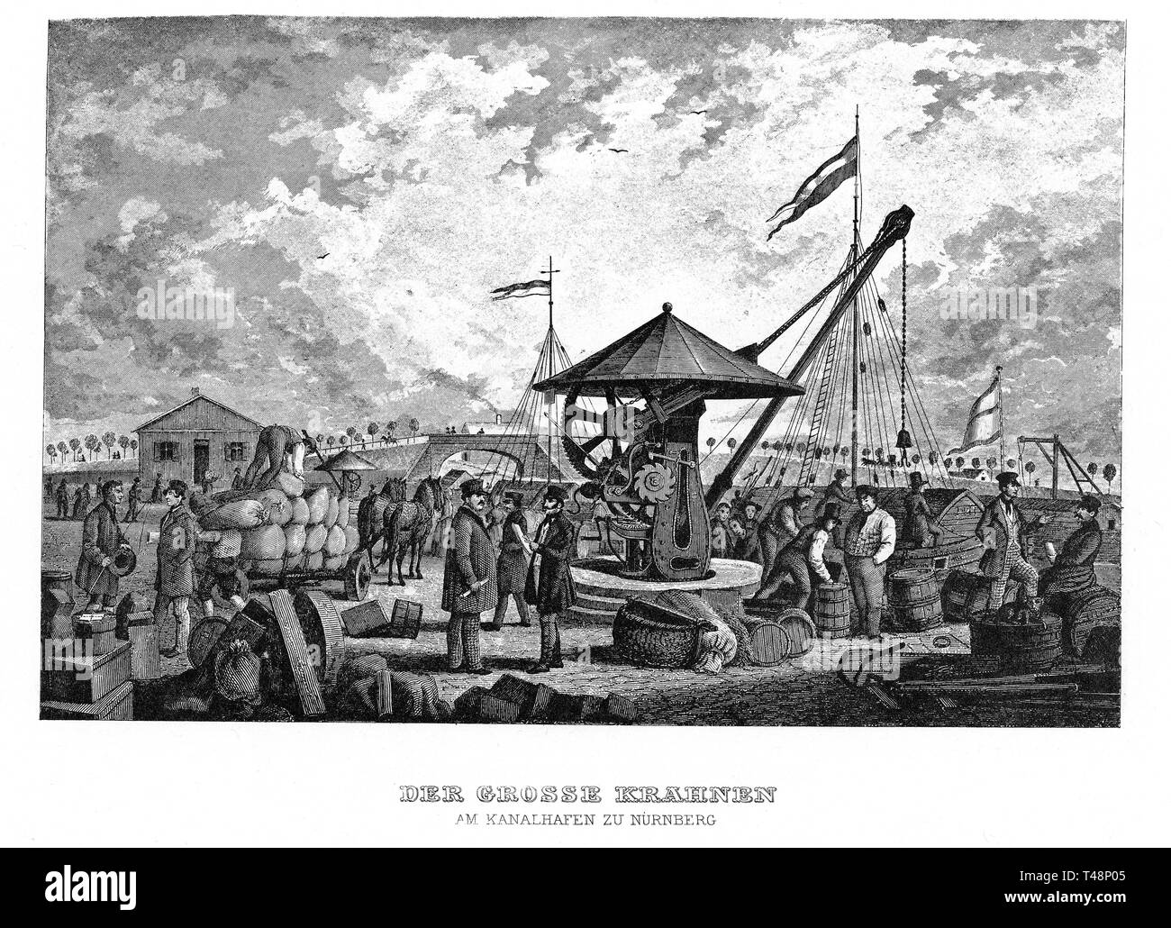 Crane, canal port, Nuremberg, steel engraving from 1840-1854, Kingdom ...