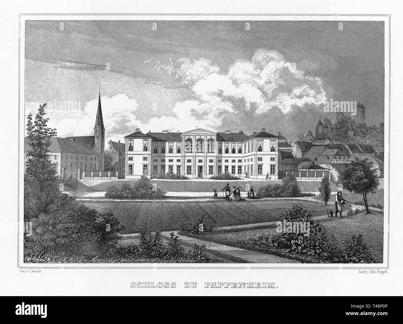 Castle, Pappenheim, drawing by Lebschee, steel engraving by J. Poppel ...