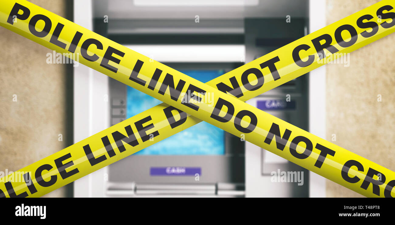 Police line on an ATM. Warning yellow tape, text police line do not ...