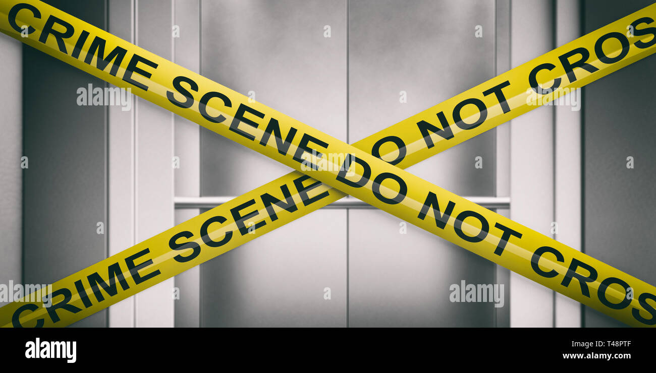 Crime scene, elevator door. Warning yellow tape, text crime scene do ...
