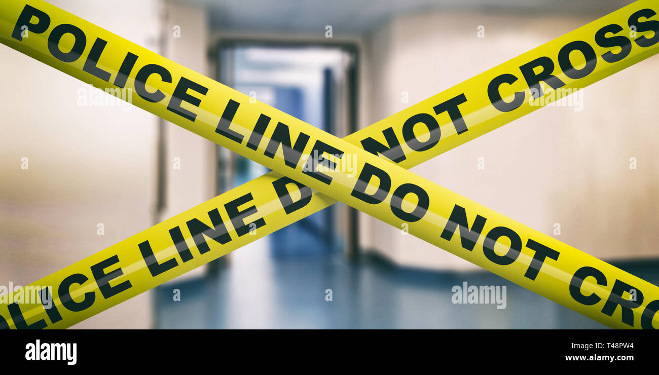 Police line in office building. Warning yellow tape, text police line ...
