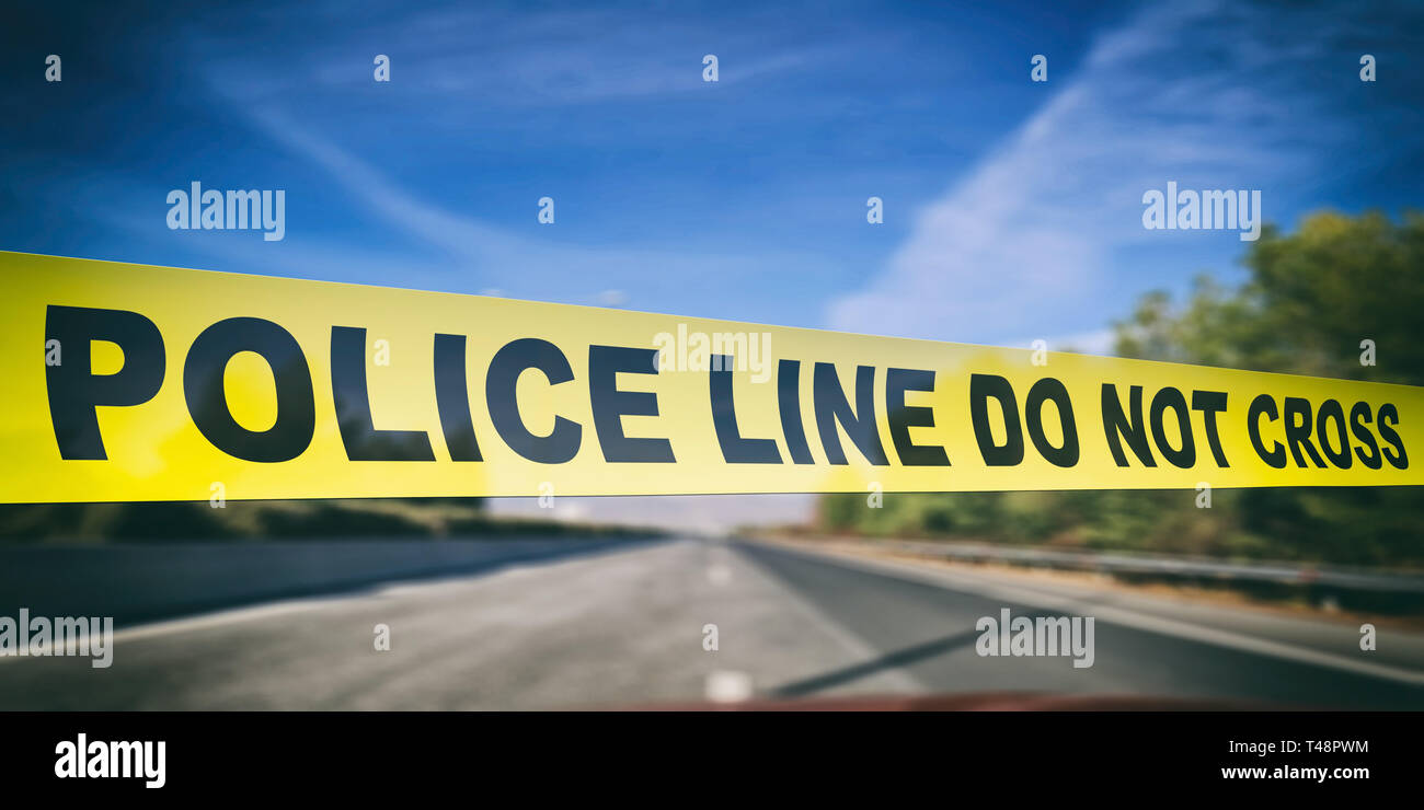 Police line, car accident. Warning yellow tape, text police line do not ...