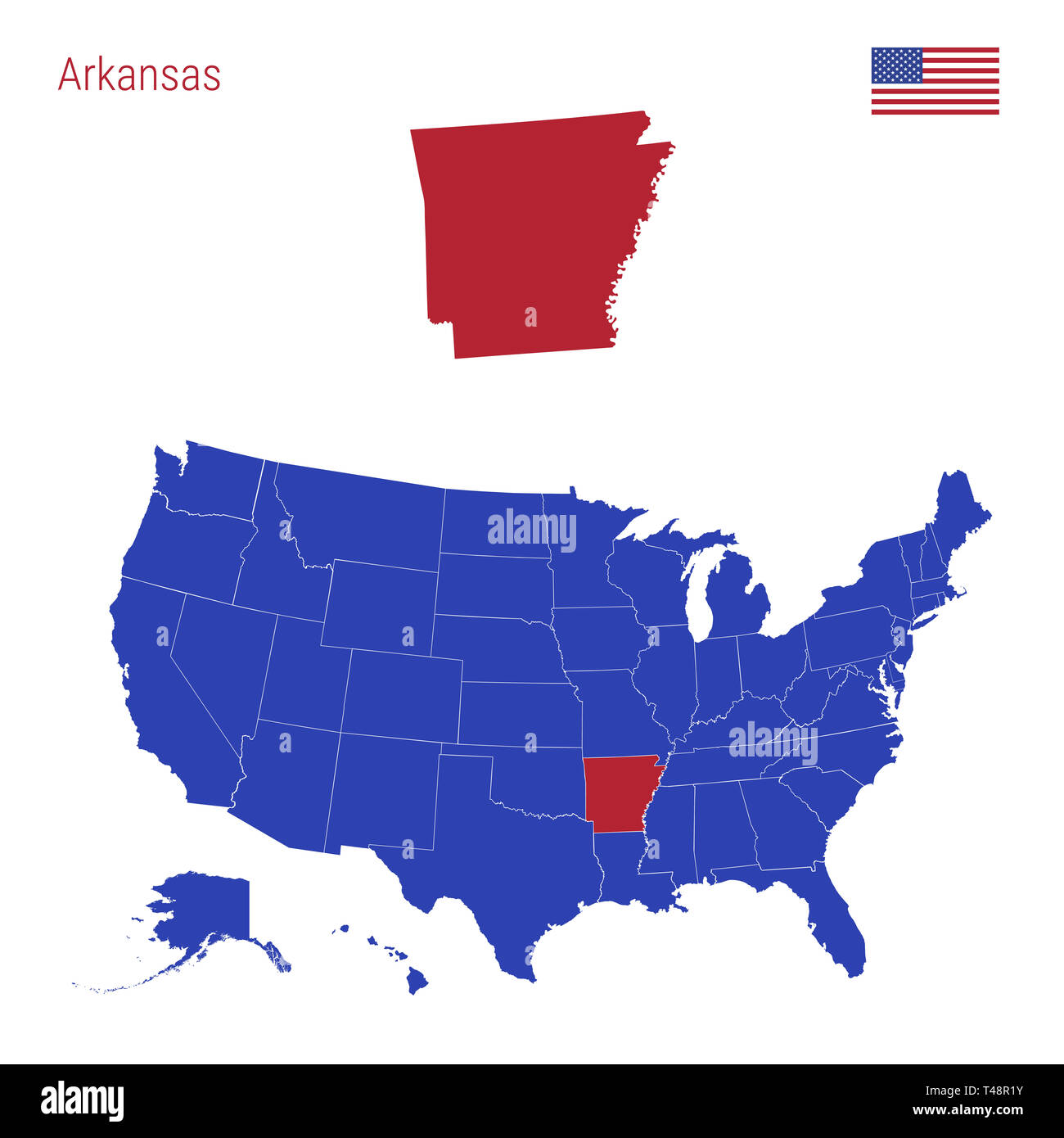 The State of Arkansas is Highlighted in Red. Blue Map of the United ...