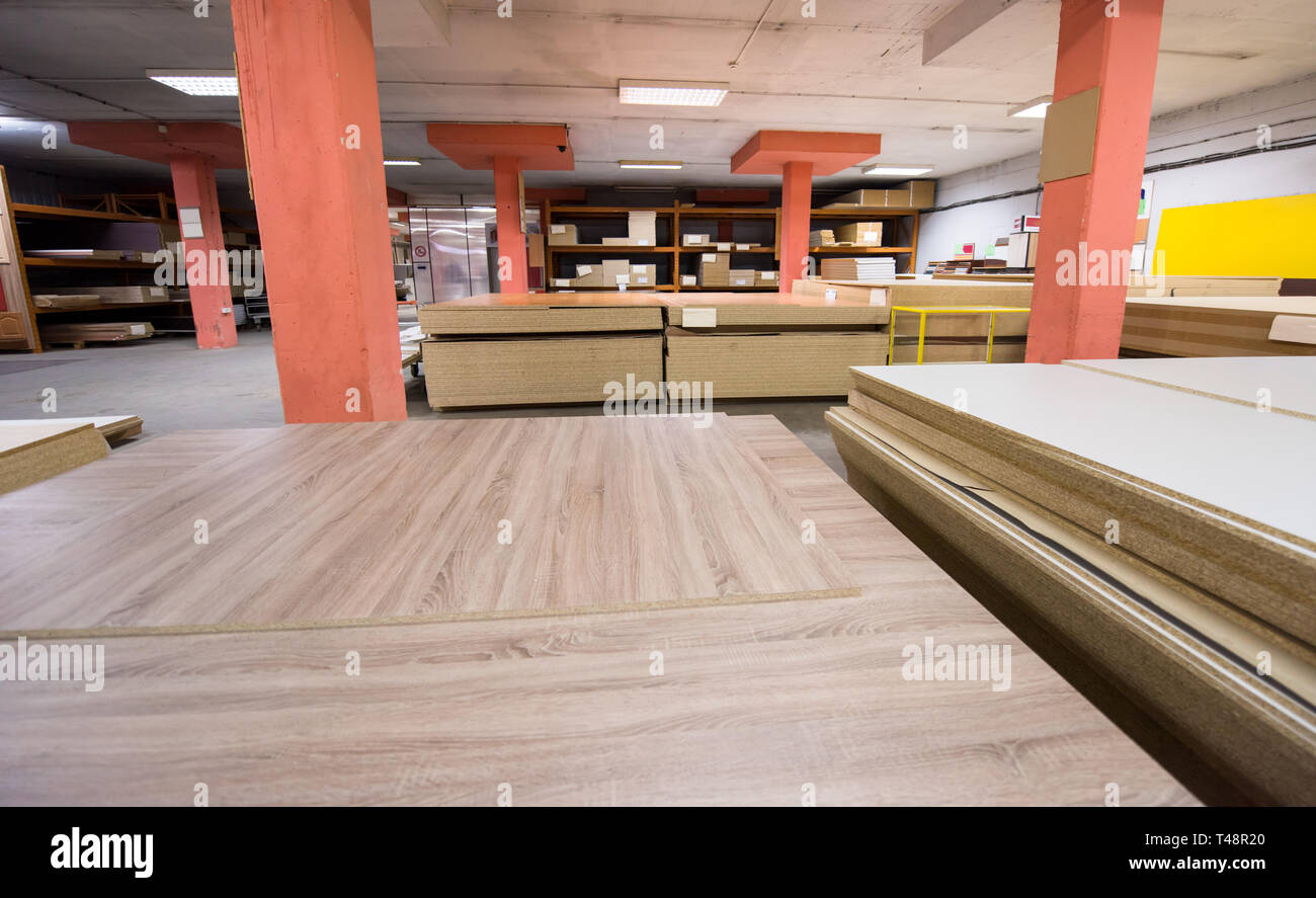 production Department of a big modern wooden furniture factory Stock ...