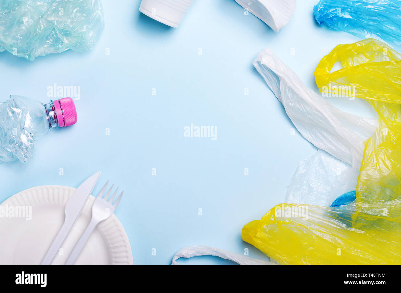 Plastic Litter over Light Blue Background, Plastic Pollution Concept ...
