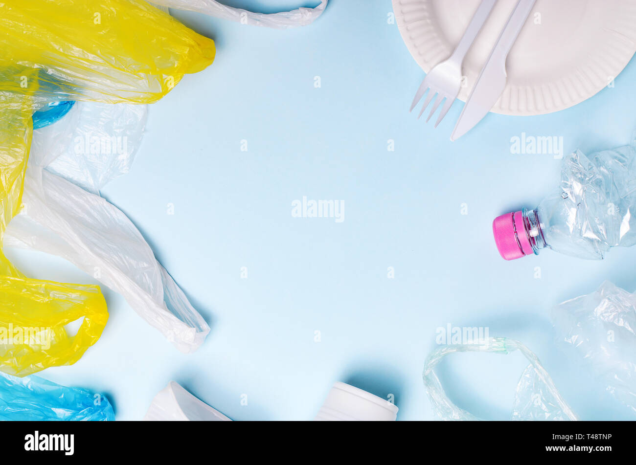 Plastic Litter over Light Blue Background, Plastic Pollution Concept ...