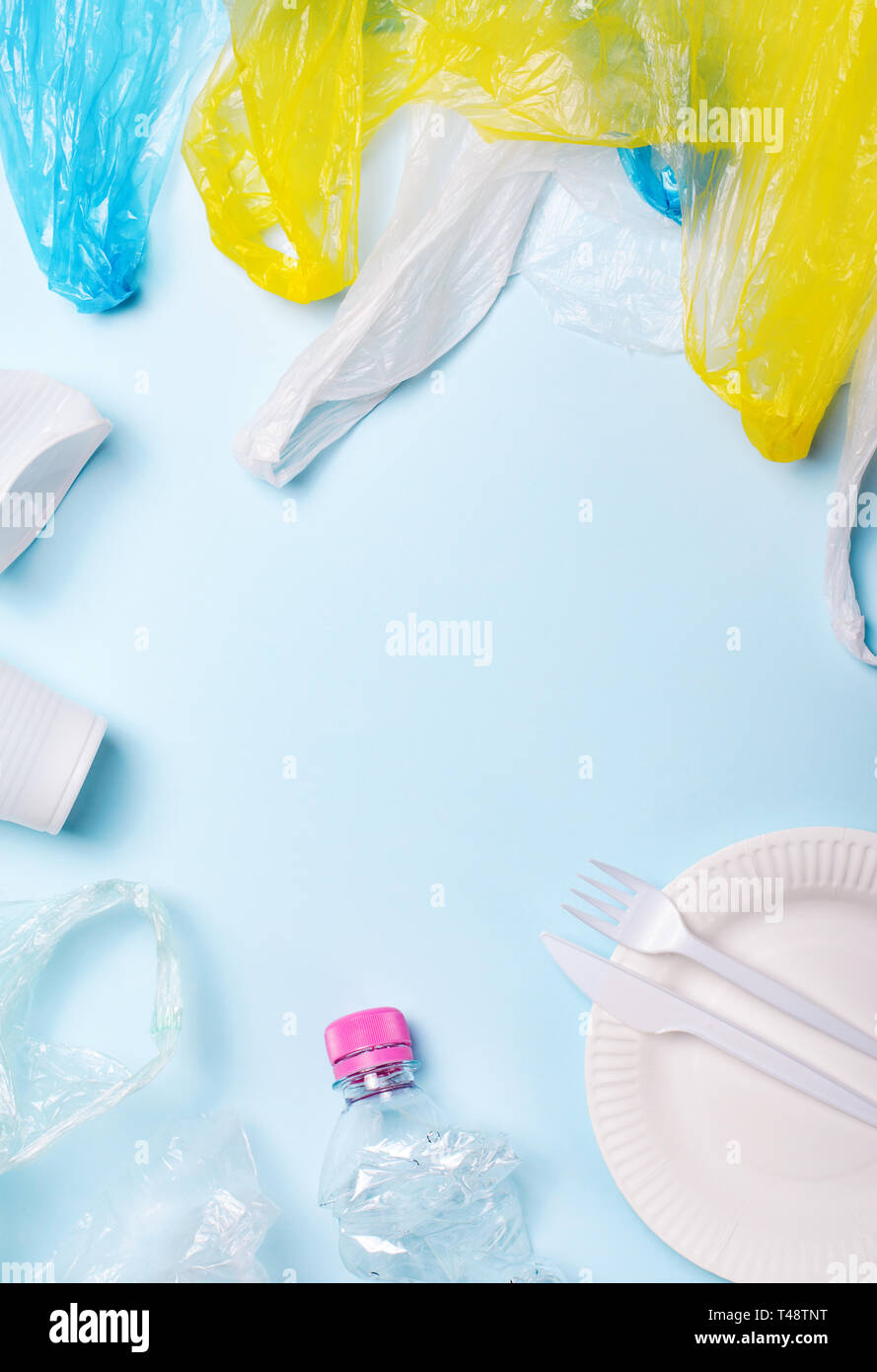Plastic Litter over Light Blue Background, Plastic Pollution Concept ...