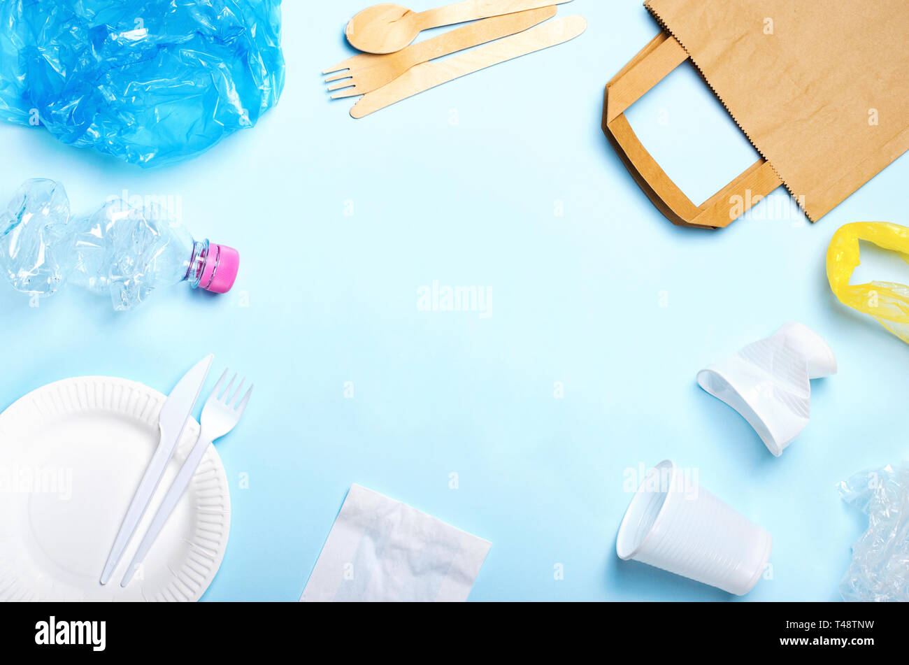 Litter over Light Blue Background, Waste Recycling Concept, Top View ...