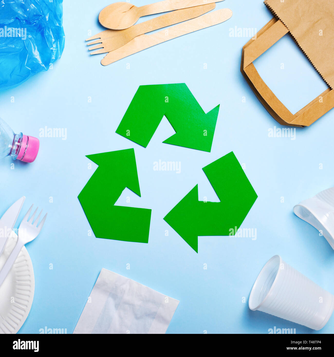 Recycling Symbol, Waste Recycling and Litter over Light Blue Background ...