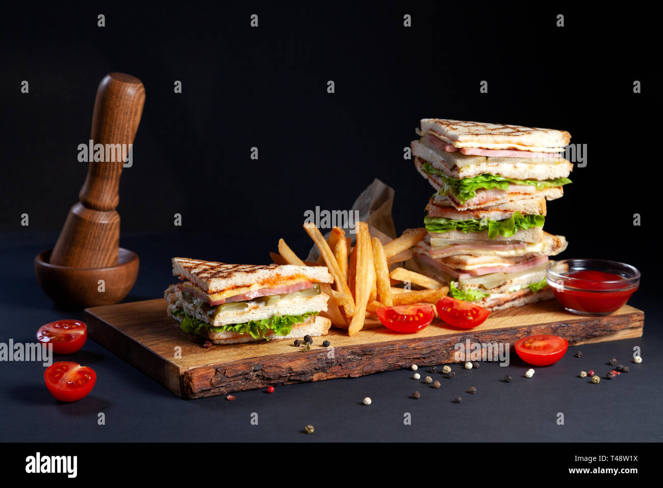 Photo session new menu of coffee house, fresh club sandwich with ...
