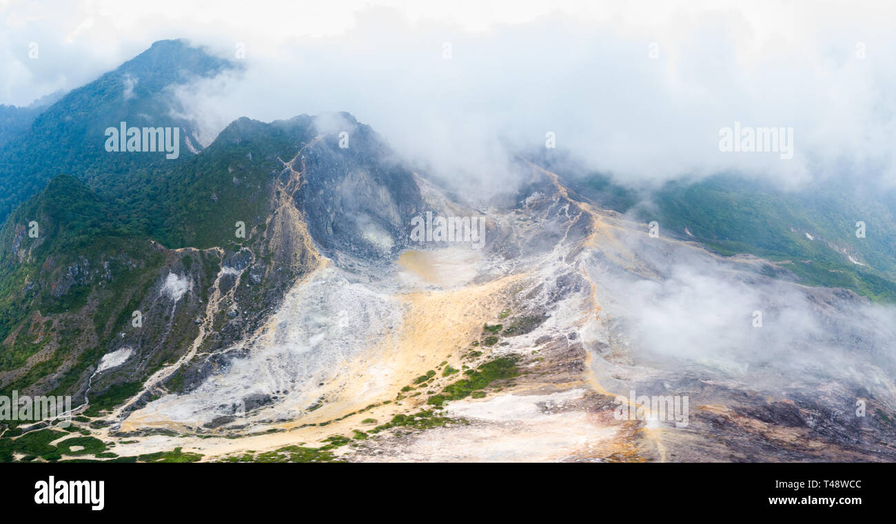 Aerial view Sibayak volcano, active caldera steaming, travel ...