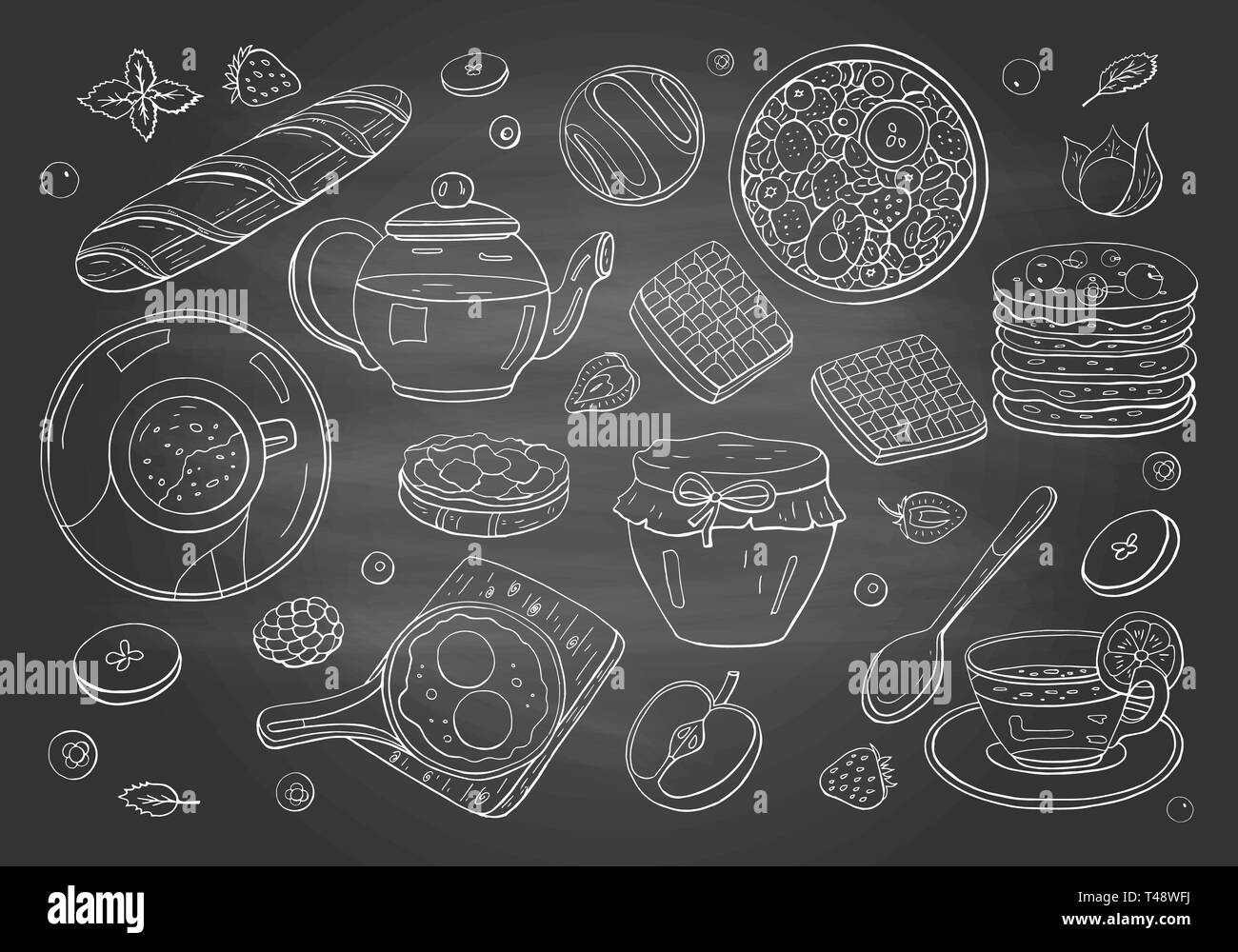 Set of morning breakfast elements on chalkboard. Morning breakfast ...