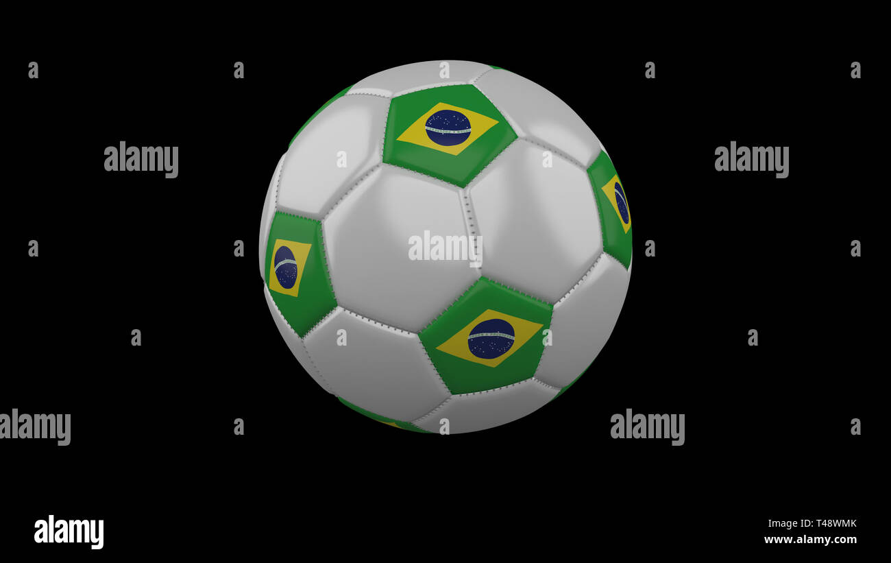 Soccer ball with the flag of Brazil colors on black background, 3d ...