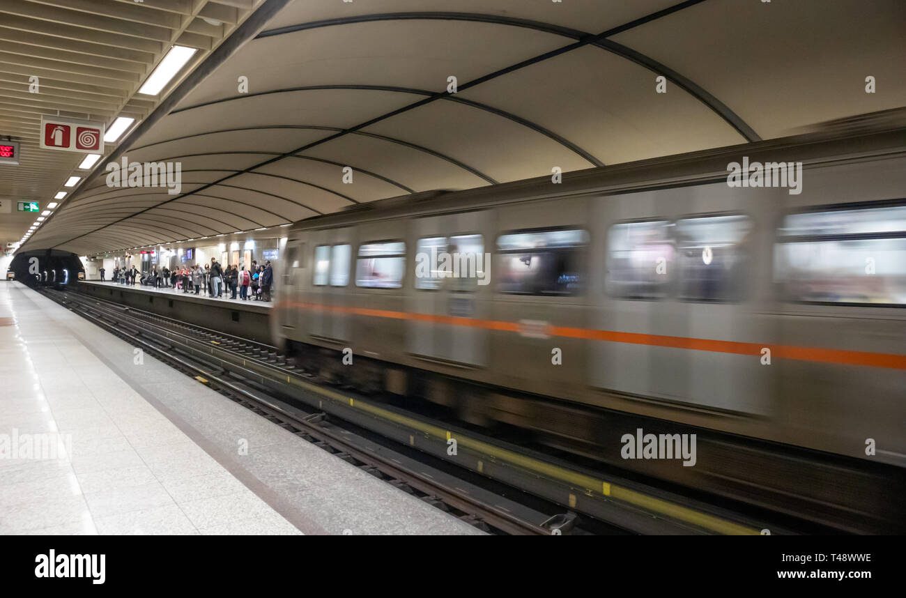 April 14, 2019. Greece, Athens. Metro station at the city center. Blur ...