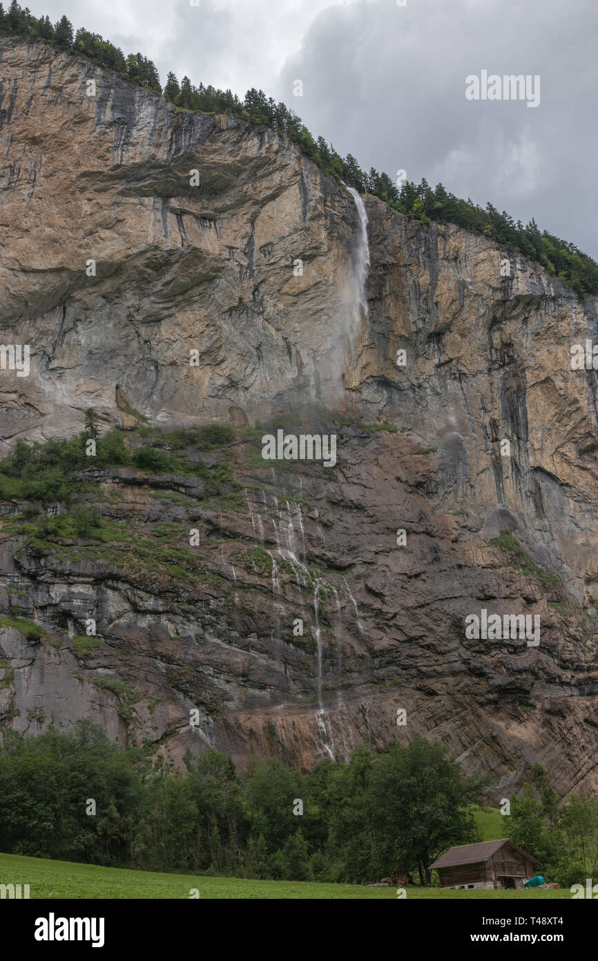 View closeup waterfall Staubbach fall in mountains, valley of ...