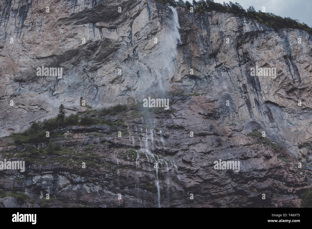 View waterfall Staubbach fall in mountains, valley of waterfalls in ...