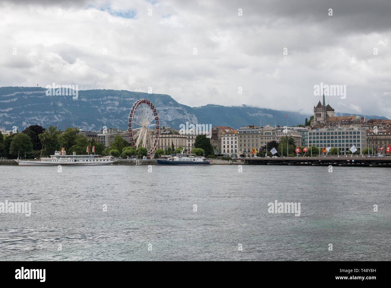 Geneva, Switzerland - July 1, 2017: View on Geneva lake, far away ...