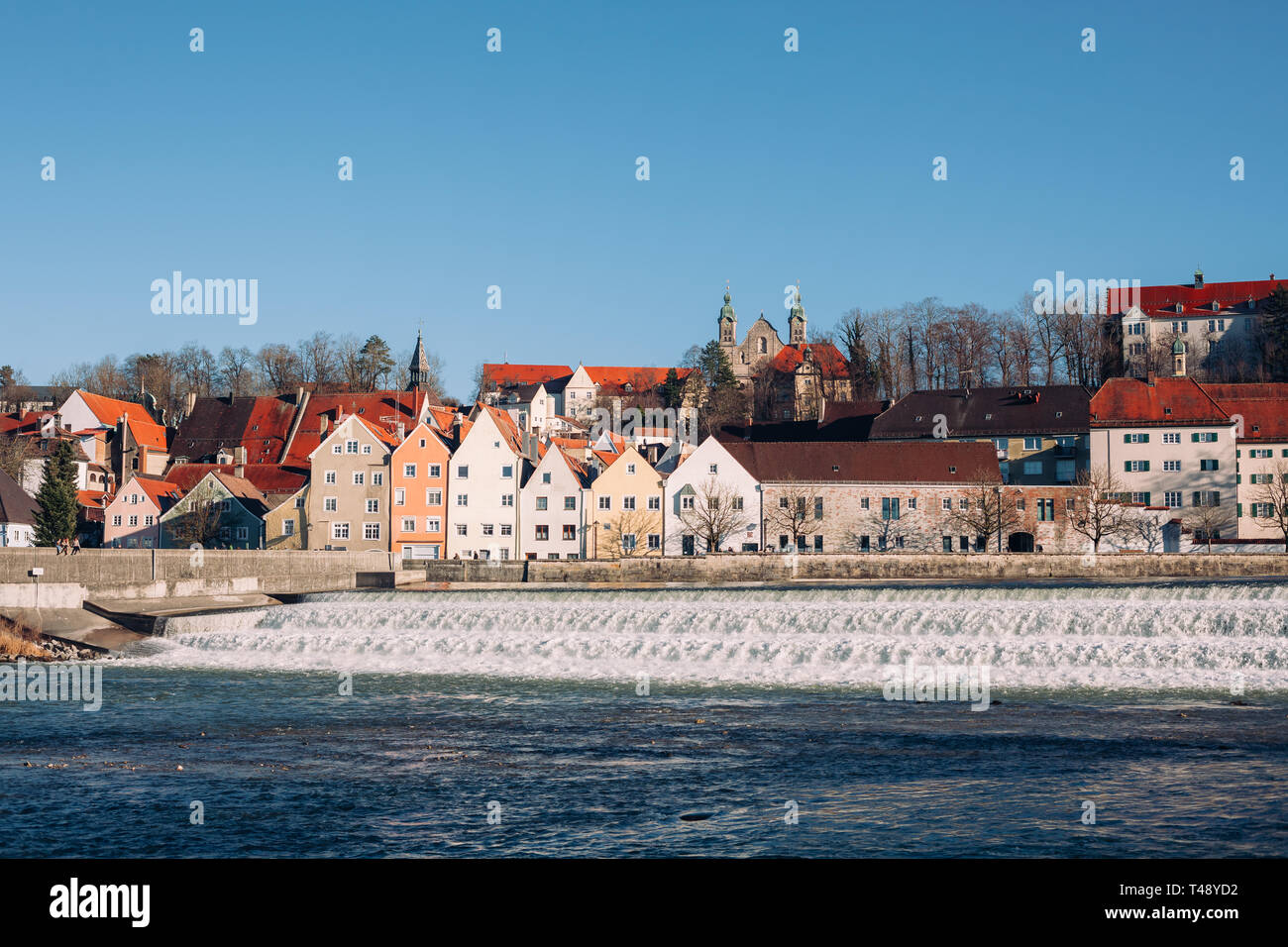Landscape of Landsberg am Lech river bank, view in warm winter, at ...
