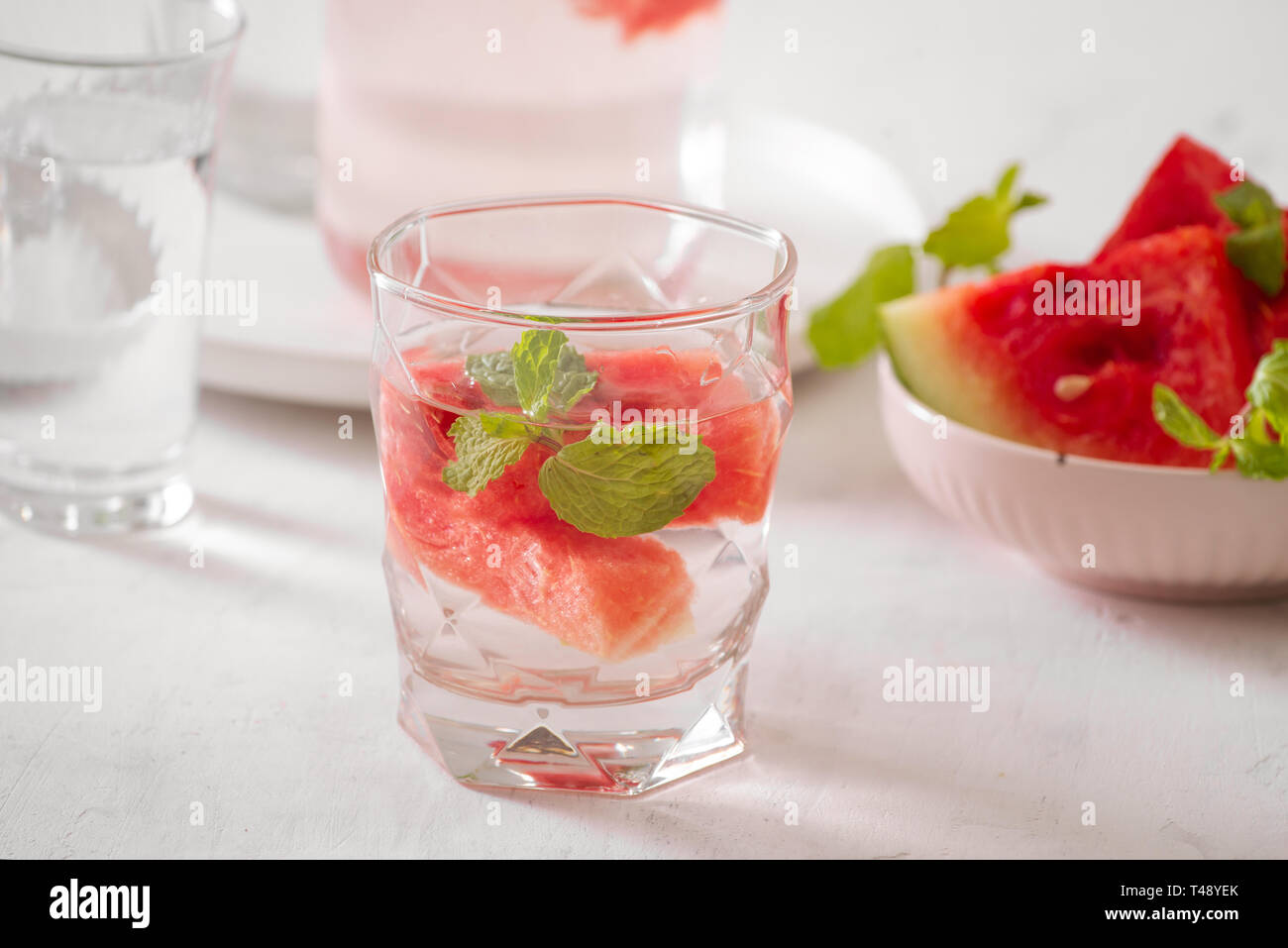 infused water of watermelon on white background Stock Photo - Alamy