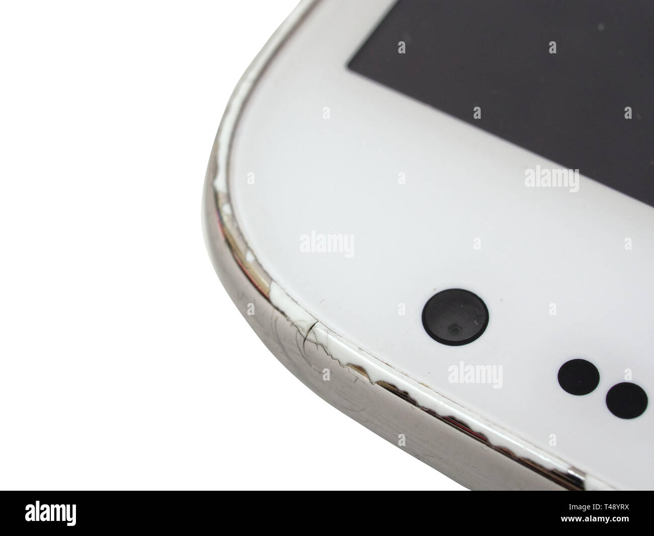 Used white cell phone close up. Camera detail and screen. Selective ...