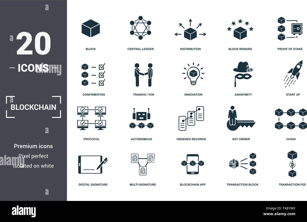 Blockchain set icons collection. Includes simple elements such as Block, Central Ledger ...