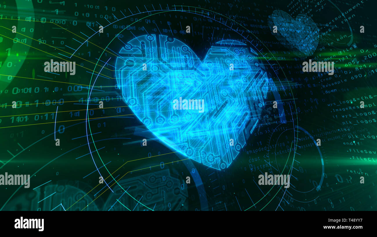 Blue digital heart shape hologram on digital background. Love, romantic ...