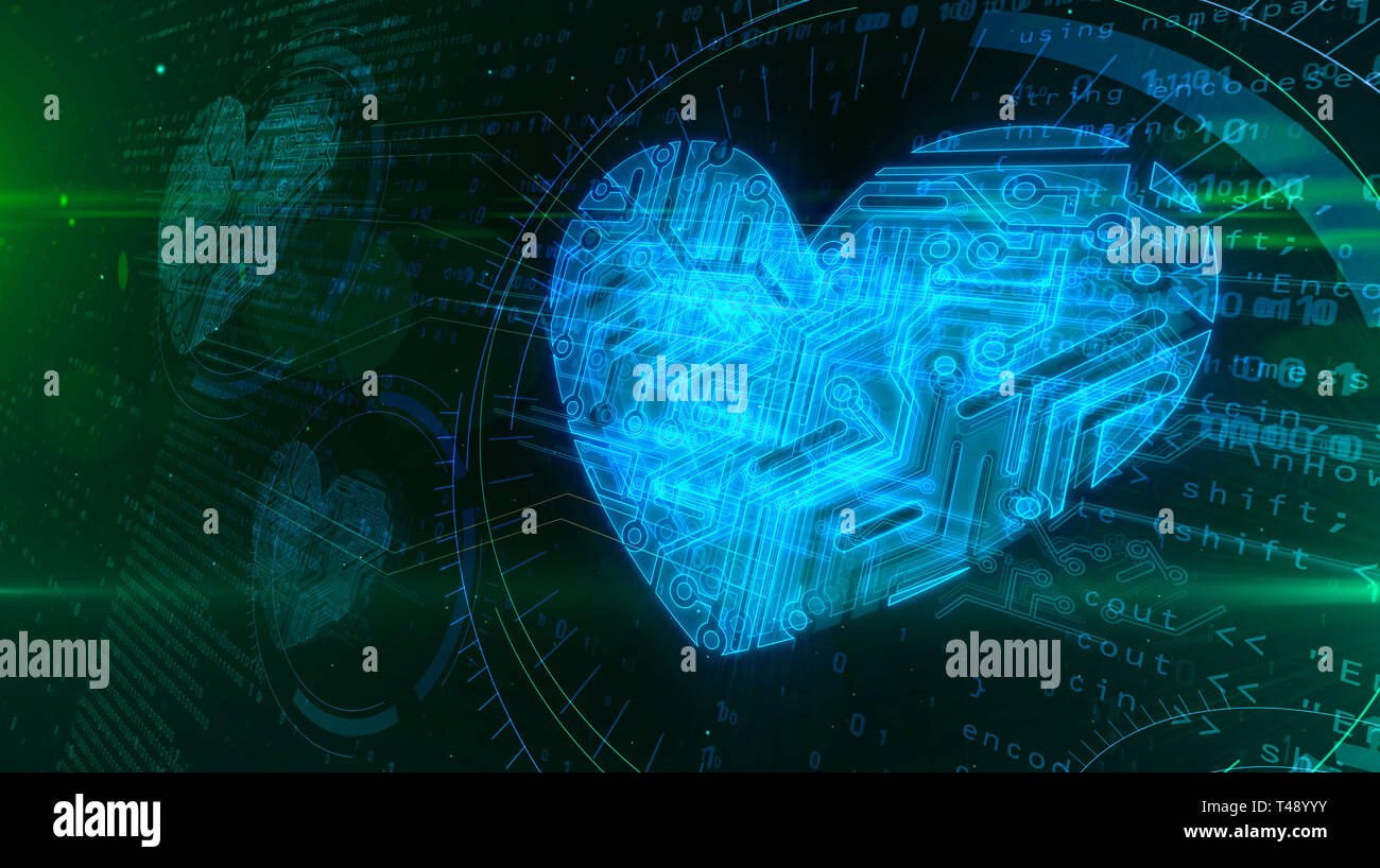 Blue digital heart shape hologram on digital background. Love, romantic ...