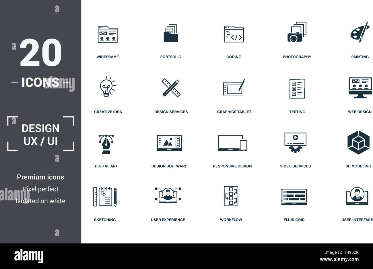 Design Ui And Ux set icons collection. Includes simple elements such as Wireframe, Portfolio ...