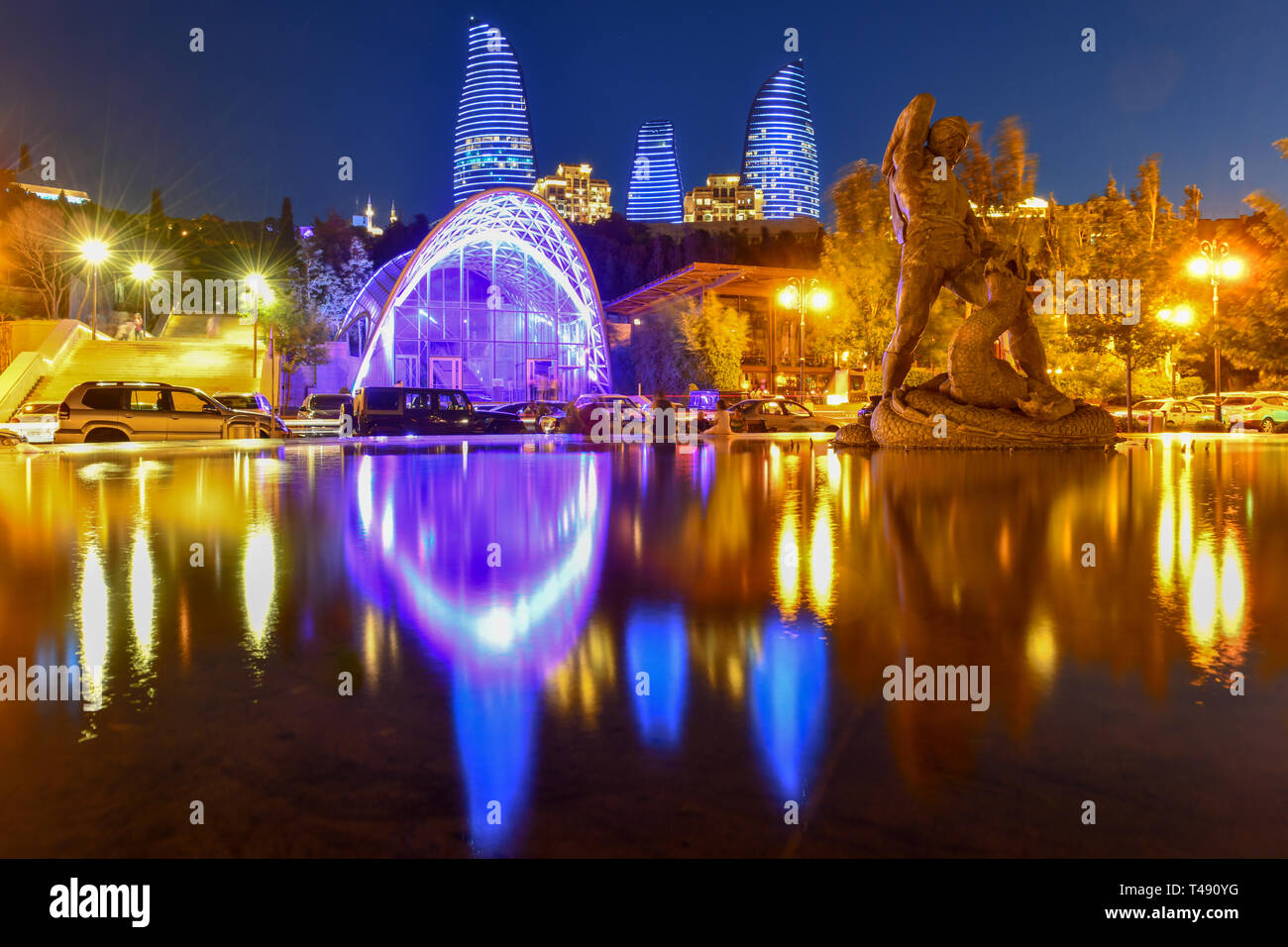 The Flame Towers in Baku, Azerbaijan. A view of the city skyline at ...